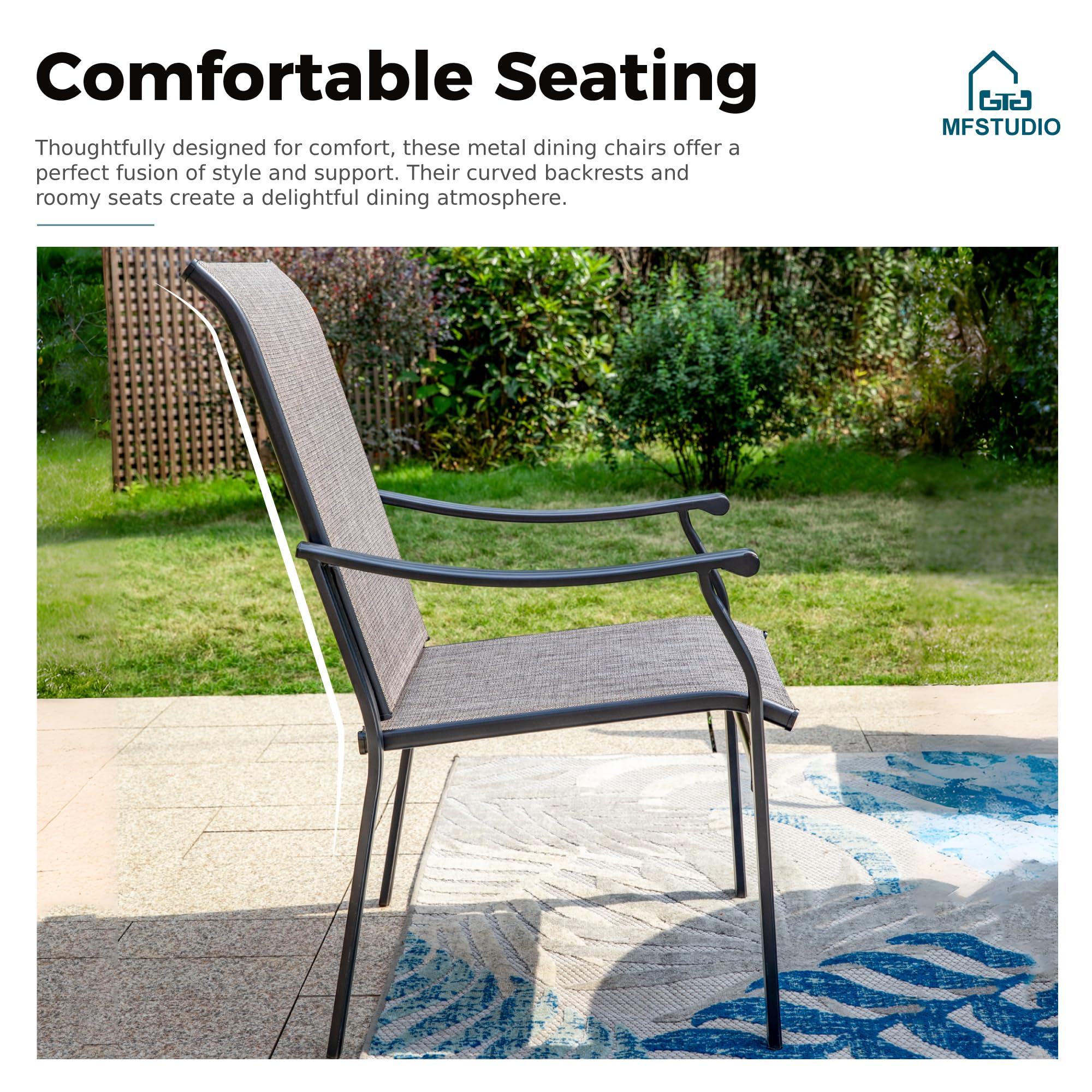 MFSTUDIO Outdoor Patio Dining Chairs, 2 PCS Metal Frame Patio Sling Chairs with Backrest and Armrest, All Weather Resistant Heavy Duty Patio Chair, Grey