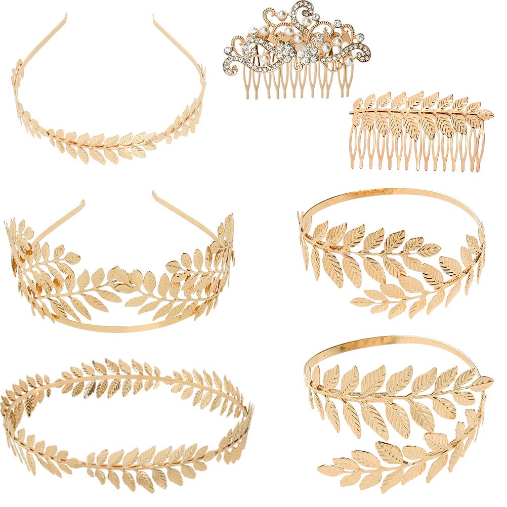 OFNMY 7 Pieces Greek Roman Laurel Leaf Bracelet Armband Golden Laurel Leaves Crown Tiara Costume Accessories Womens Leaf Headband Coil Bracelet Hair Comb Bridal Wedding