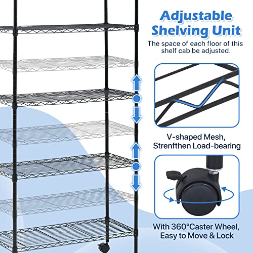 Dkeli 5 Tier Wire Shelving with Wheels, 14"x30"x60" Storage Shelves NSF Heavy Duty Adjustable Utility Rolling Steel Garage Shelving Metal Storage Rack, Black