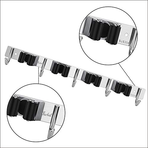 Favbal Garage Storage Stainless Steel Mop Broom Holder Wall Mount Heavy Duty Tools Hanger with 4 Racks 5 Hooks for Kitchen Bathroom Closet Garage Office Garden