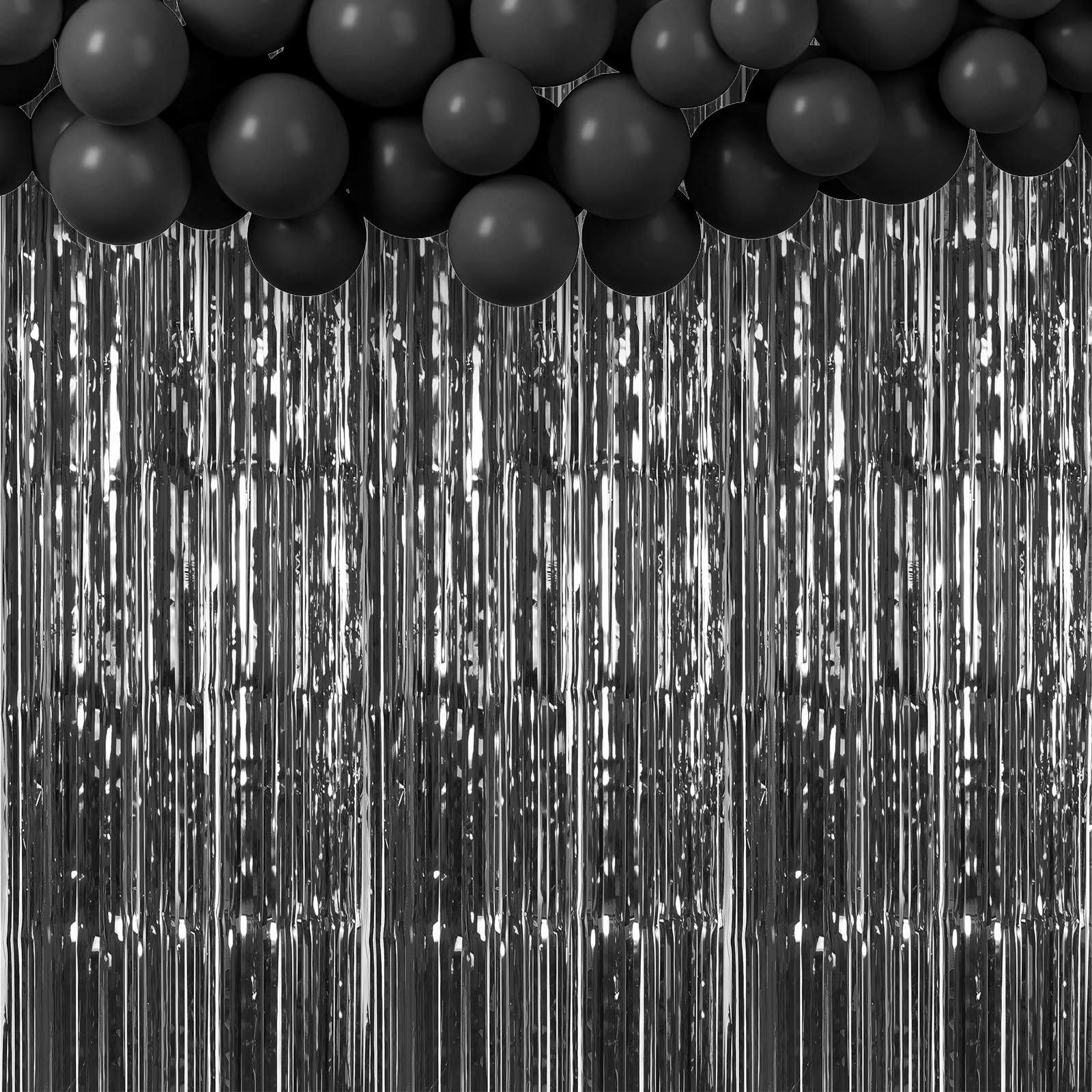 MEEZY 3Pack 3.2ft x 8.2ft Black Foil Fringe Curtains Backdrop Metallic Foil Tinsel Streamers with Black Balloons for Graduation Bachelorette Baby Shower Wedding Birthday Bridal Shower Party Decor