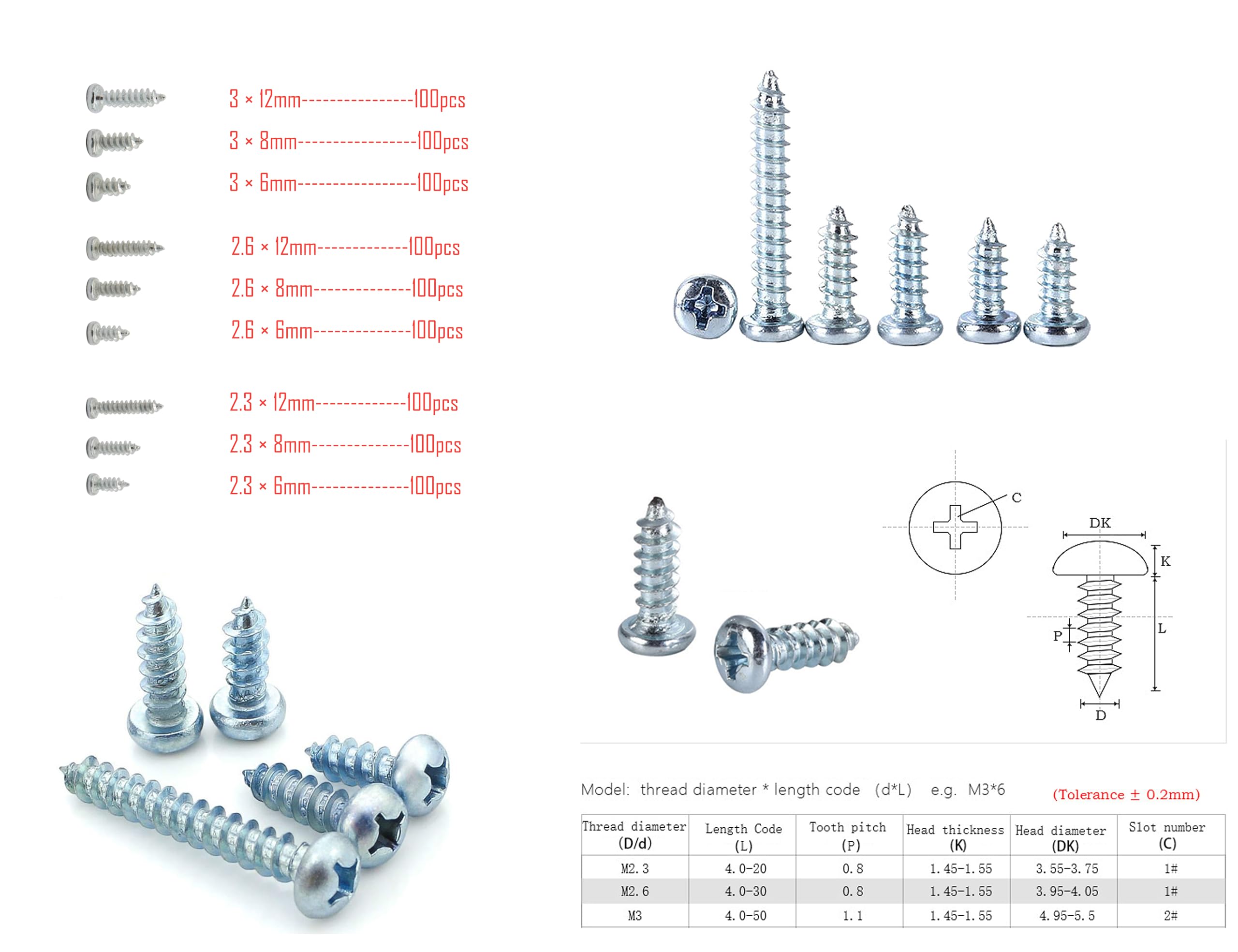 LBY 900pcs M2.3 M2.6 M3 Pan Head Self-Tapping Sheetmetal Screw Assortment Kit, Carbon Steel, Zinc-Plated