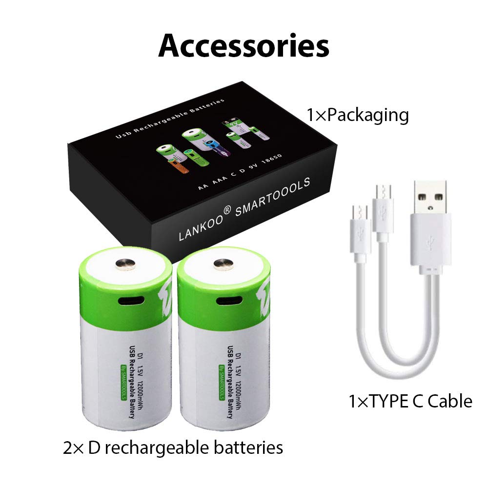 Rechargeable D Batteries 1.5V 12000mWh USB Lithium ion Rechargeable D Battery with USB Type C Charging Cable, High Capacity Fast Charge, 1200 Cycles Constant Output, Over-Charge Protection,2-Pack