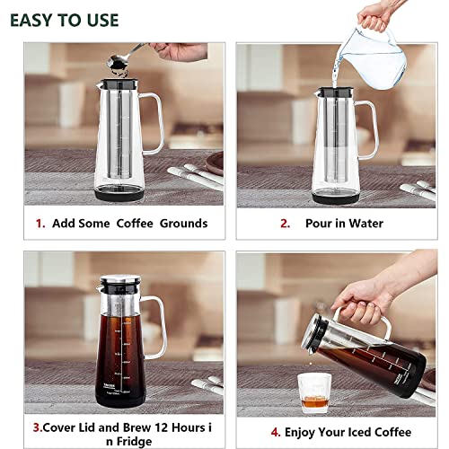 Cold Brew Coffee Maker with Lid and Handle 47oz / 1.4 Liter, Durable Glass Pitcher Carafe, Stainless Steel Mesh Filter Infuser, Dishwasher Safe, for Iced Coffee, Cold Brew, Juice, Tea & More