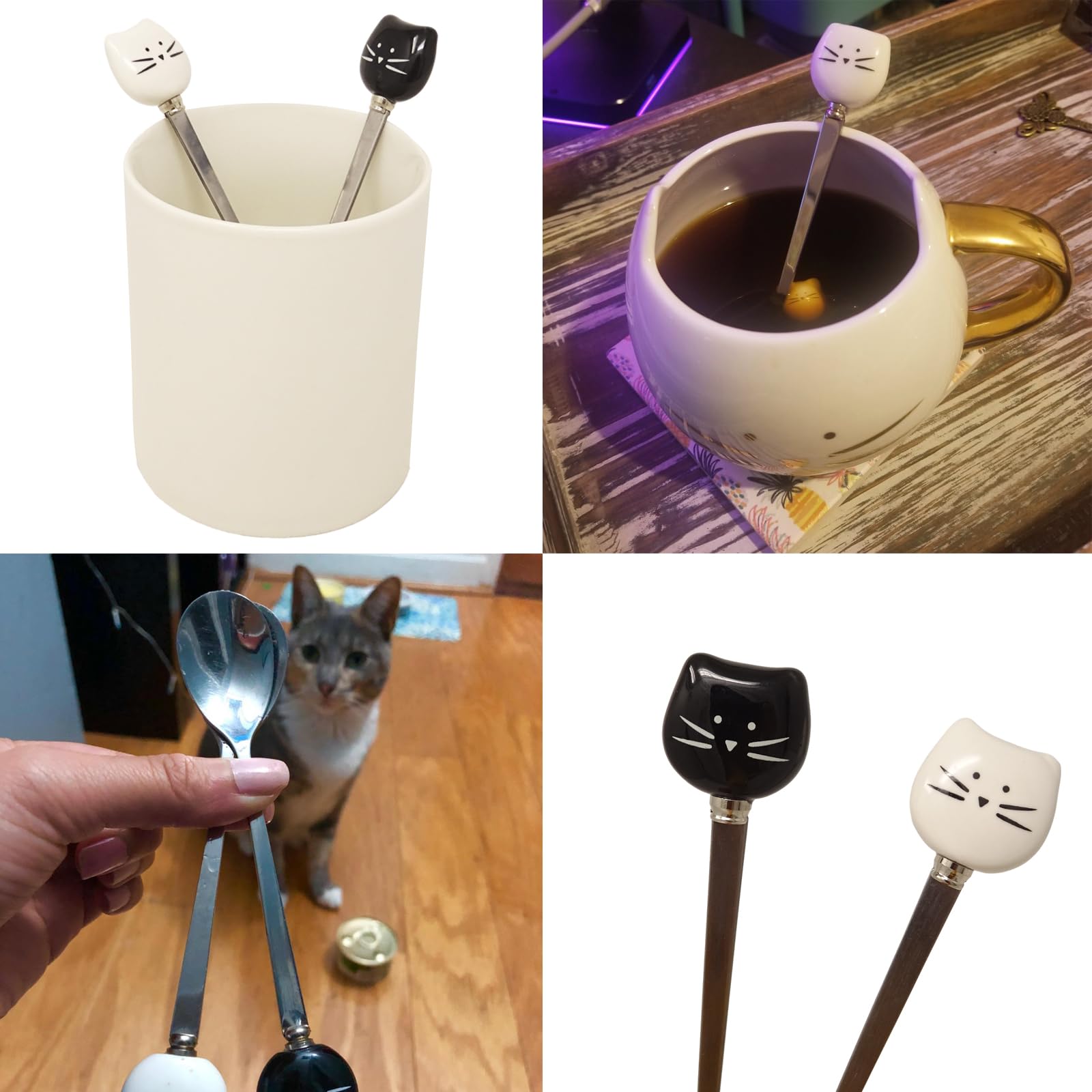 Honbay 2PCS Cute Cat Spoon Stainless Steel Tea Spoon Coffee Spoon Sugar Spoon for Cat Mug, Black and White