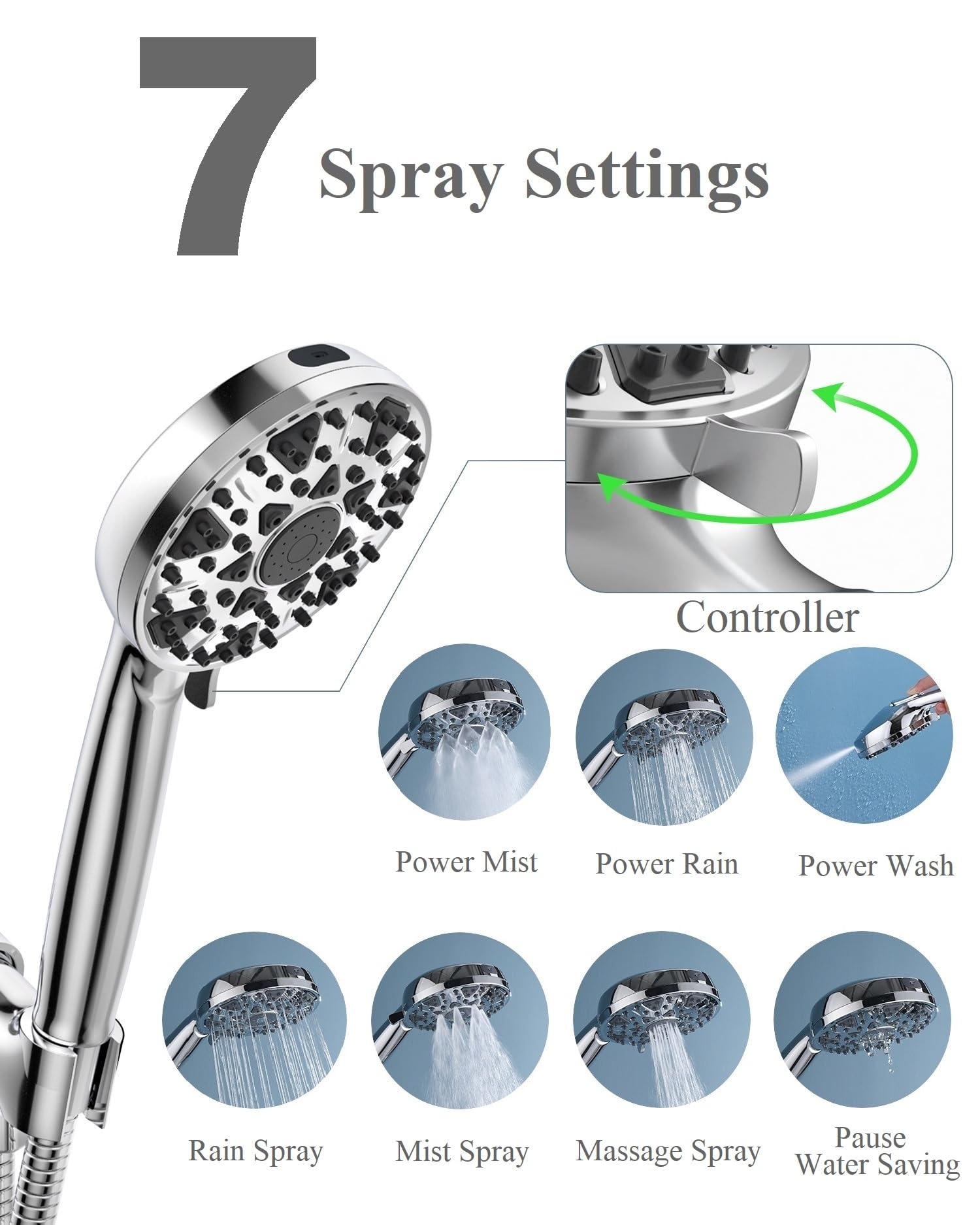 BOWGER Shower Head with Handheld High Pressure Multi-Function 7 modes, Built-in Power Wash to Clear Tub, Tile & Pets, 5β High Flow Hand Held Rain Showerhead with Extra Long Hose and Adjustable Bracket