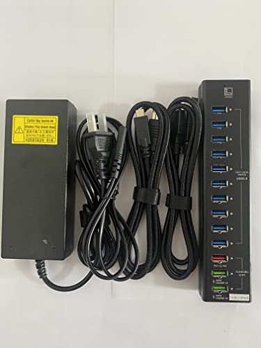LATORICE USB Hub Powered, 13 Multi-Port USB Hub with 10 USB 3.0 Ports 2 IQ Quick Charge Ports, and Port with up to 2,4A Power, Powered USB Splitter with Cords C and A, Unibody Aluminum USB HUB