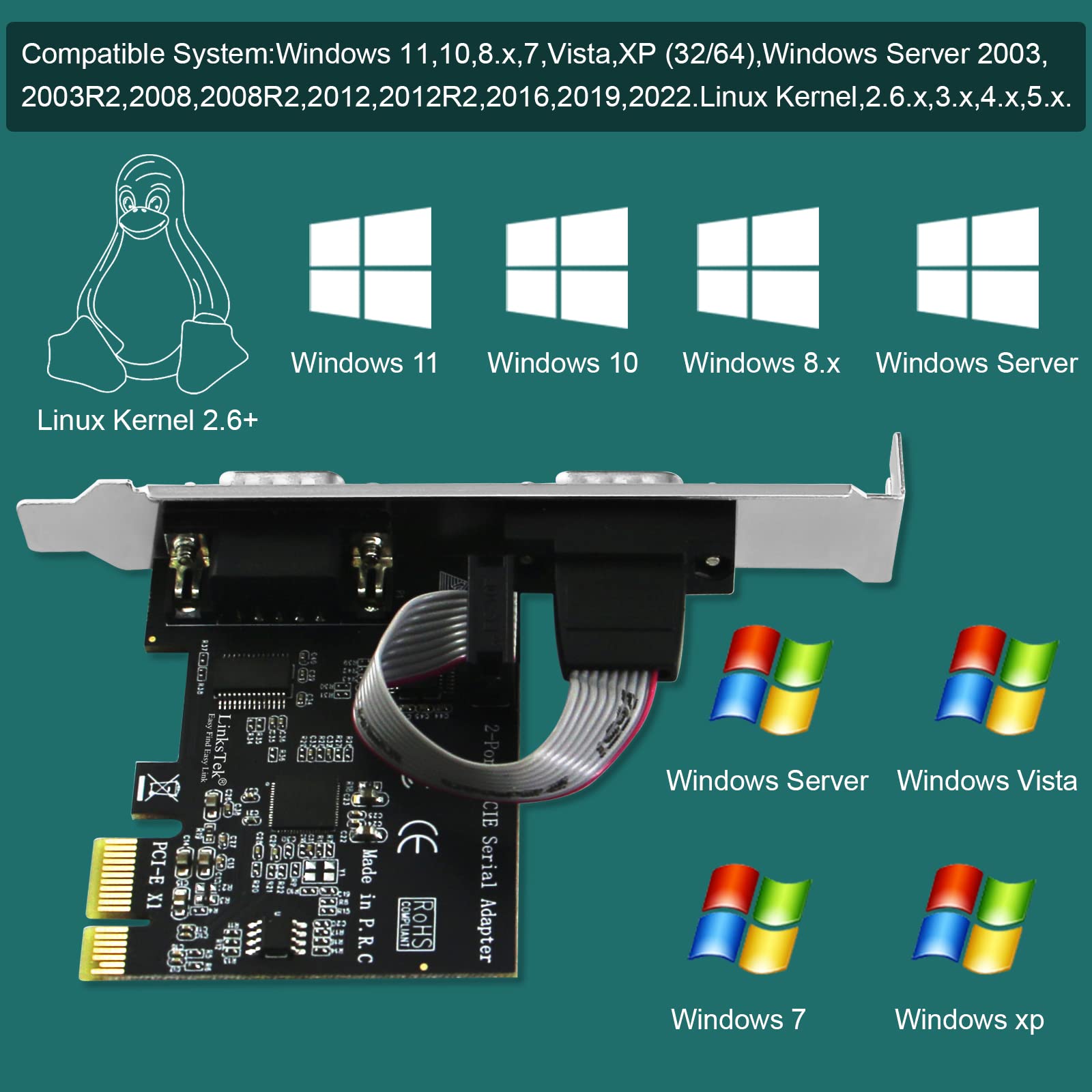 LinksTek 2-Port PCI Express RS-232 DB9 Serial Port Card for Windows XP, Vista,7, 8.x, 10, 11 32/64bit and Linux PCs, PCIE RS232 Card, PCIE Serial DB9 Port Card (PCIE-SE2)