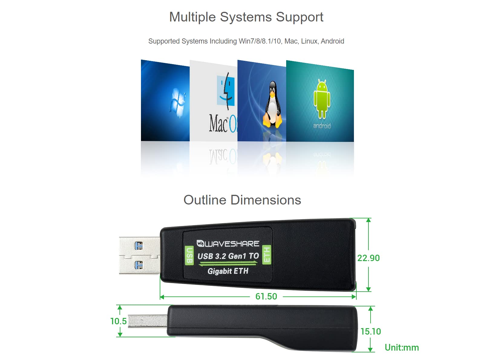 waveshare USB 3.2 Gen1 to Gigabit Ethernet Converter,USB 3.2 to Ethernet Internet Adapter 10/100/1000Mbps Network Compatible with Raspberry Pi CM4,Jetson Nano,PC,Win7/8/8.1/10, Mac, Linux,Android