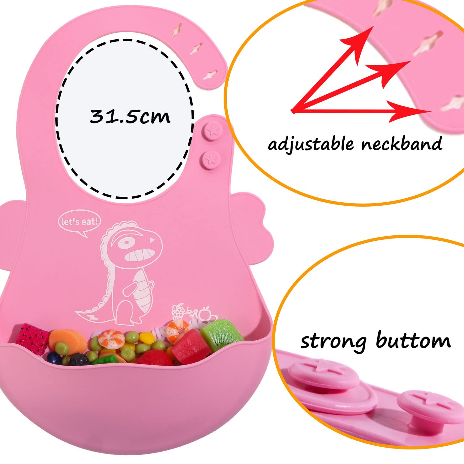 KAVONOI Baby Feeding Set,Silicone Suction Plate Dinosaur Shape SelfFeeding Adjustable Bib, Suction Plate for Baby Toddler with Spoon Fork Adjustable Bib Set -Pink Dinosaurs