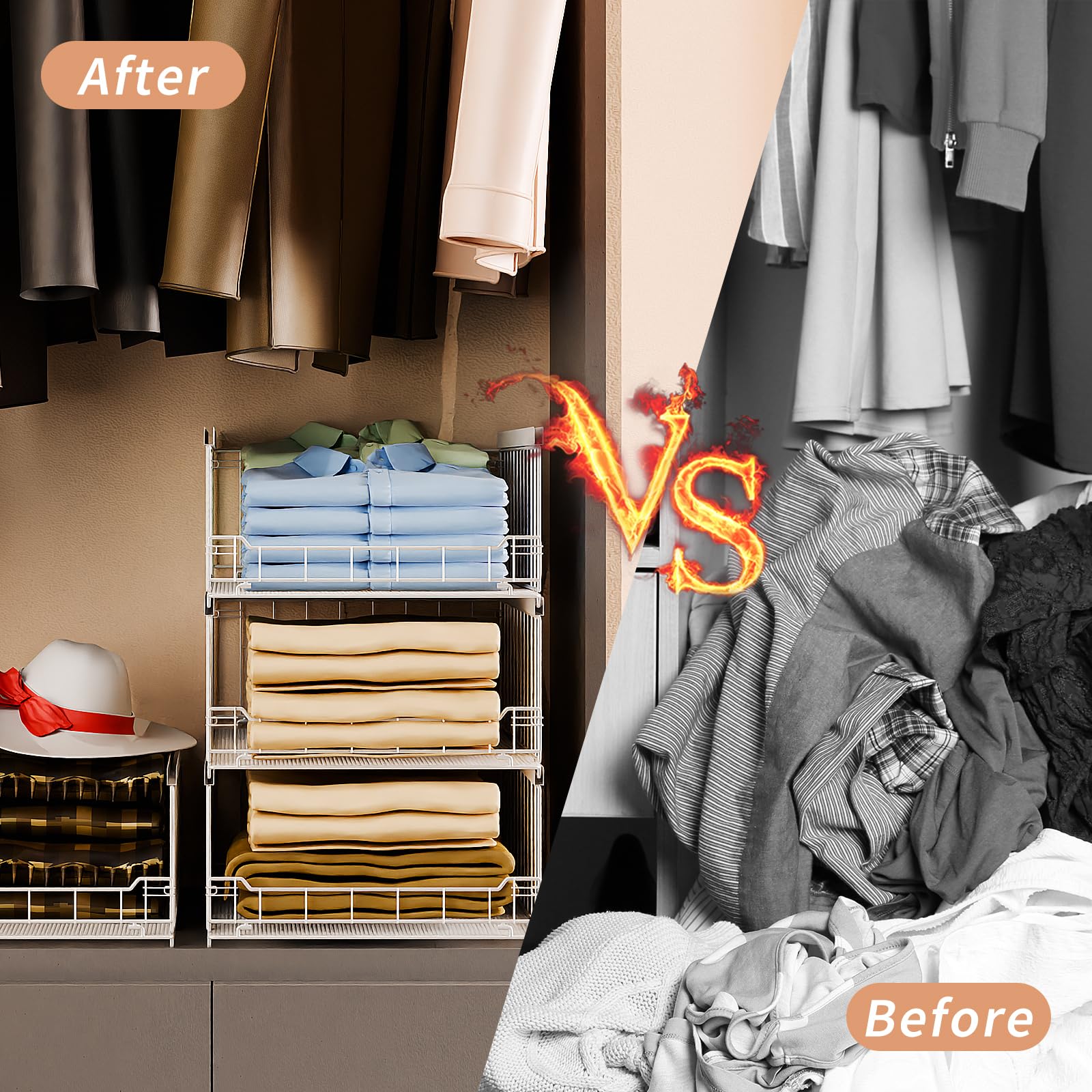 4- Tier Closet Storage Organizer Shelves, Stackable Closet Organizer Drawer, Sliding Closet Shelf Organizers and Storage, Metal Storage Bins for Jeans Pants Sweaters (White)