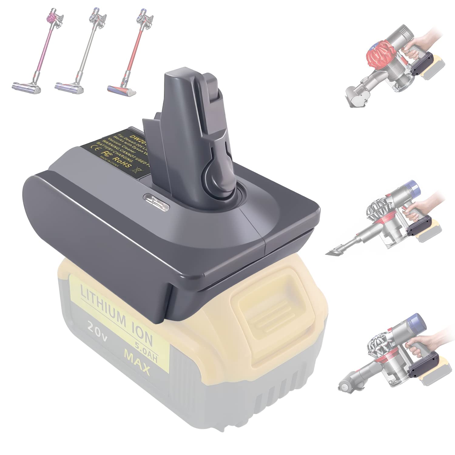 3-in-1 Battery Adapter for Dewalt 20V 60V Lithium Battery Convert to for Dyson V6/V7/V8 SV11 Series Vacuum Cleaners Animal Absolute Fluffy HEPA Cordless Stick Converter