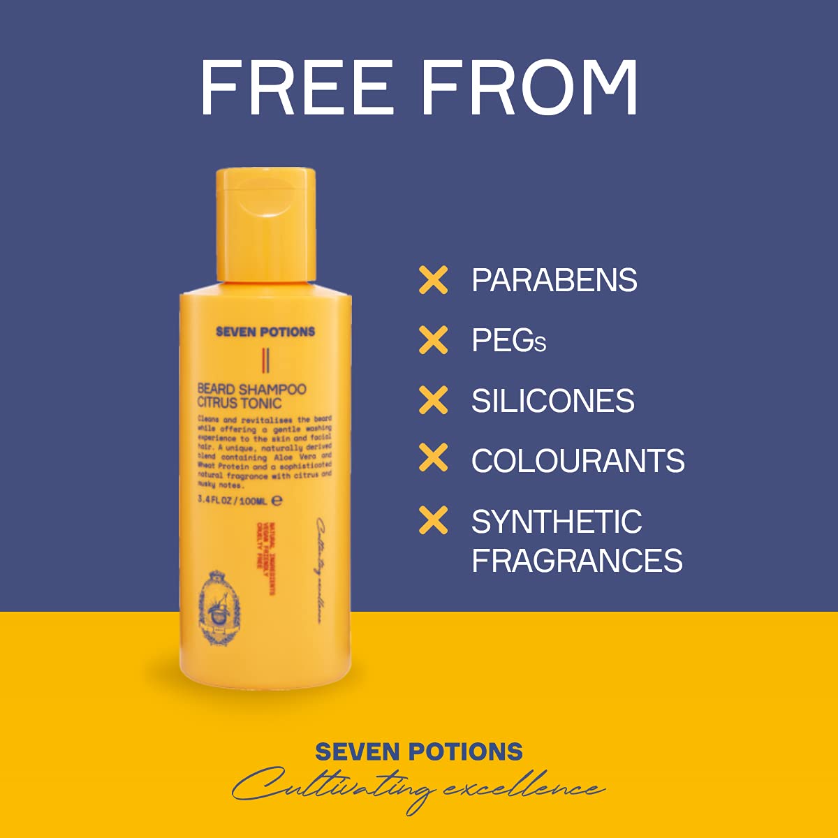 SEVEN POTIONS Beard Shampoo for Men - Gentle Cleansing Wash for a Fresh, Itch-Free Beard - Natural, Vegan Formula (Citrus Tonic, 3.4 Fl Oz)