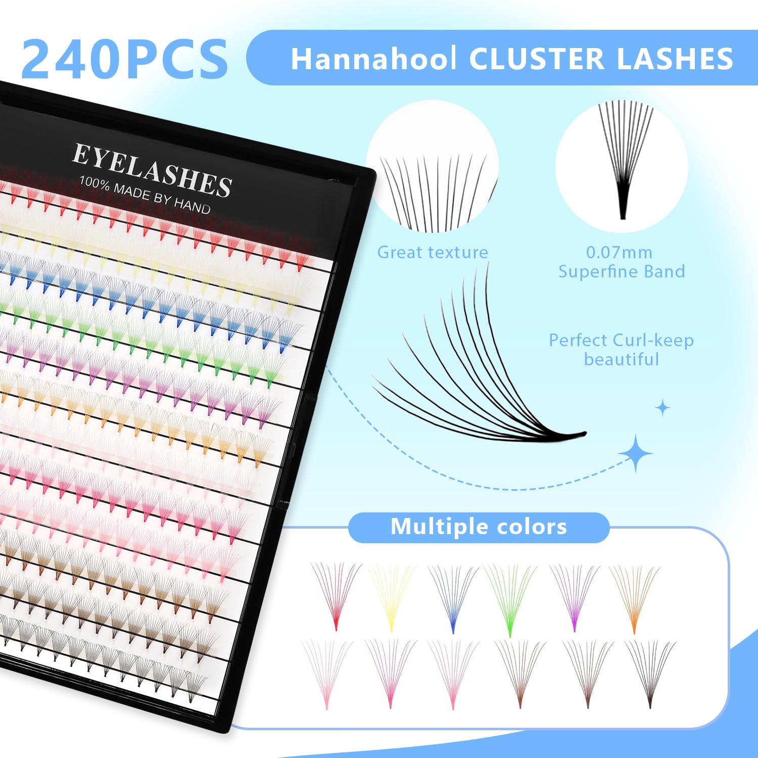 Hannahool 12 Colors Mix 240pcs 10D Premade Fans Nature Long Volume Eye Lashes Extensions Soft and Light Weight Colorful Individual False Eyelashes Cluster 8-16mm to Choose (12mm)