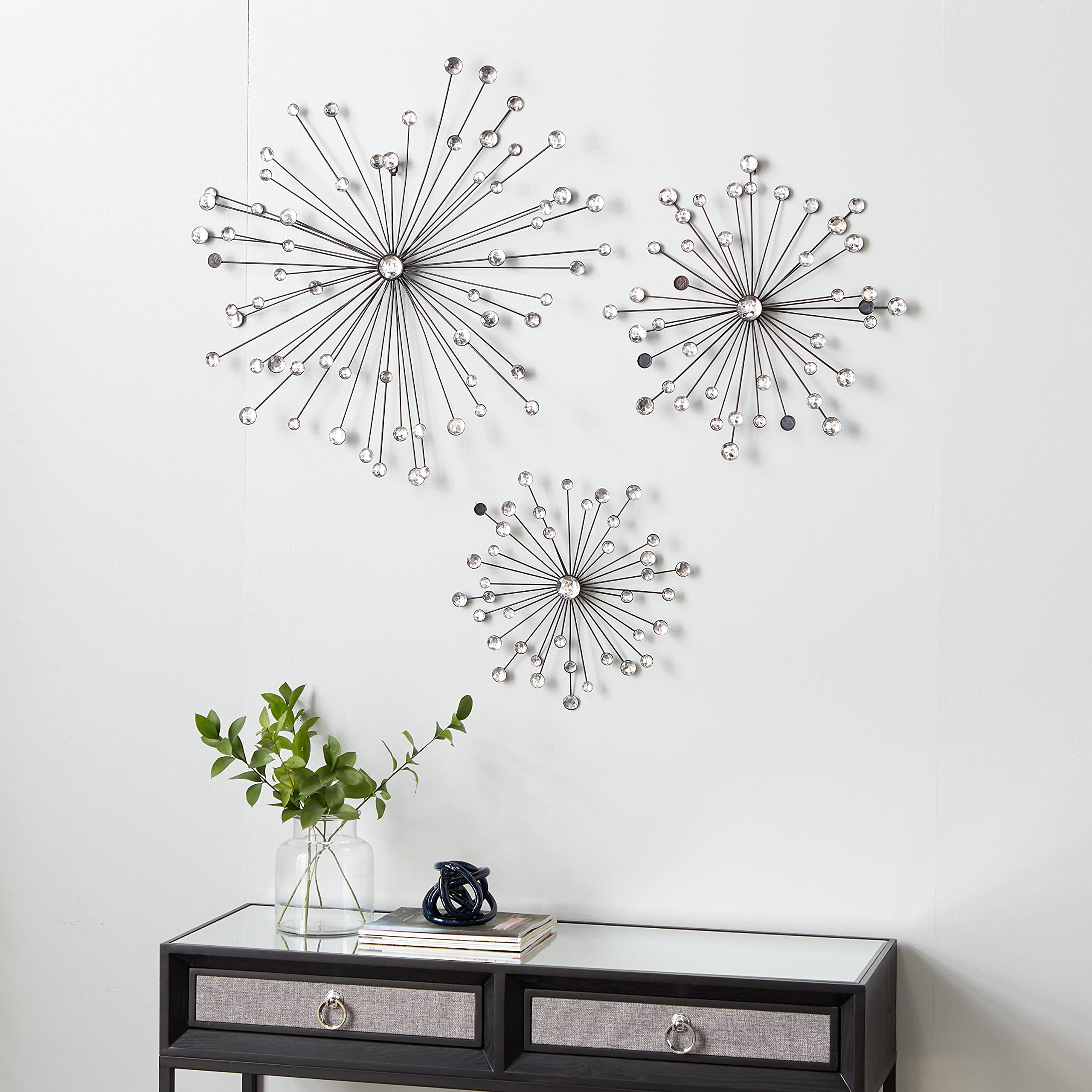 Deco 79 Metal Sunburst Wall Decor with Crystal Embellishment, Set of 3 16", 20", 24"W, Black