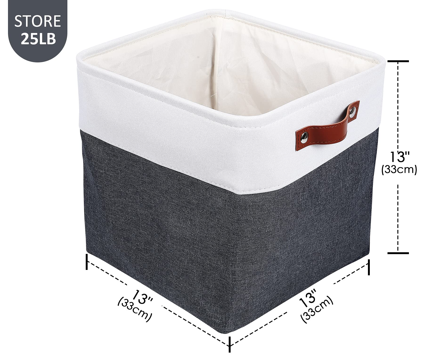 WANMEI Foldable Cube Storage Bins 13x13x13 IN 3 Pack Collapsible Sturdy Cationic Fabric Storage Basket with Leather Handles for Organizing Shelf Nursery Home Closet Office(Grey and White)