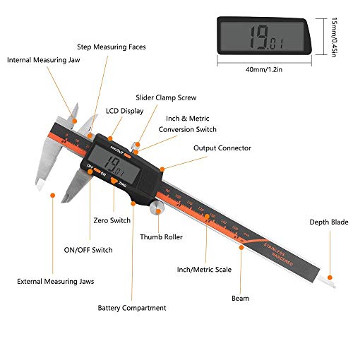 Allnice Digital Caliper 0-6" Vernier Caliper Digital Electronic Gauge Micrometer Measuring Tool with Large LCD Screen and Stainless Steel Body, Millimeter/Inch/Fraction Conversion