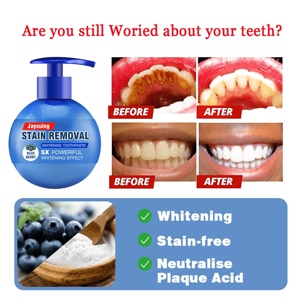 Press Toothpaste,Baking Soda Whitening Toothpaste,Jaysuing Stain Removal Whitening Toothpaste Strong Cleaning Power Natural Stain Remover Fluoride-Free Toothpaste(Blueberry Flavor)