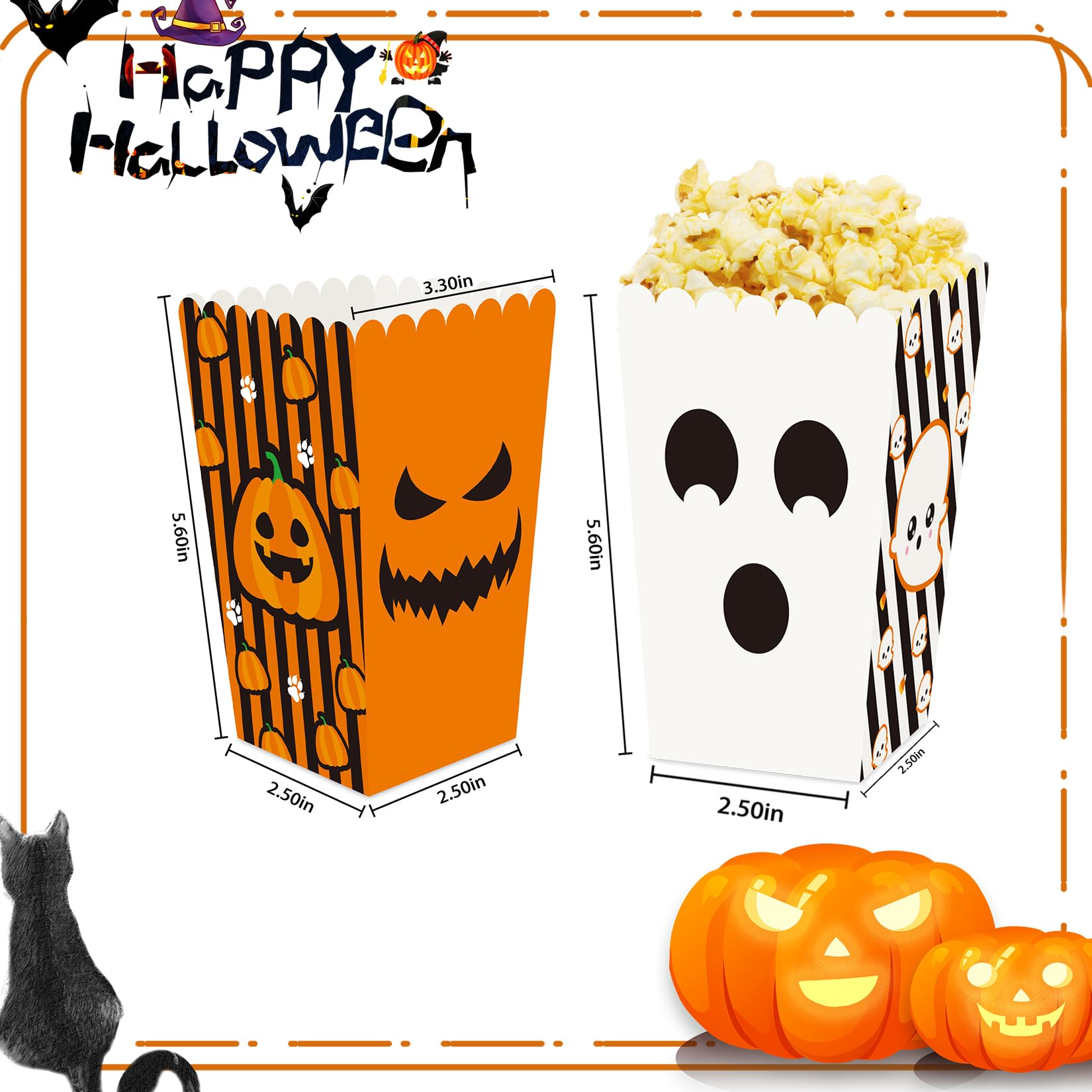 KOWLOON 24PCS Popcorn Paper Boxes Halloween Popcorn Boxes,Ghost Bat Disposable Popcorn Containers for Halloween Party Favor,Pumpkin Snack Treat Boxes Candy Cookie Container Gifts for Kids