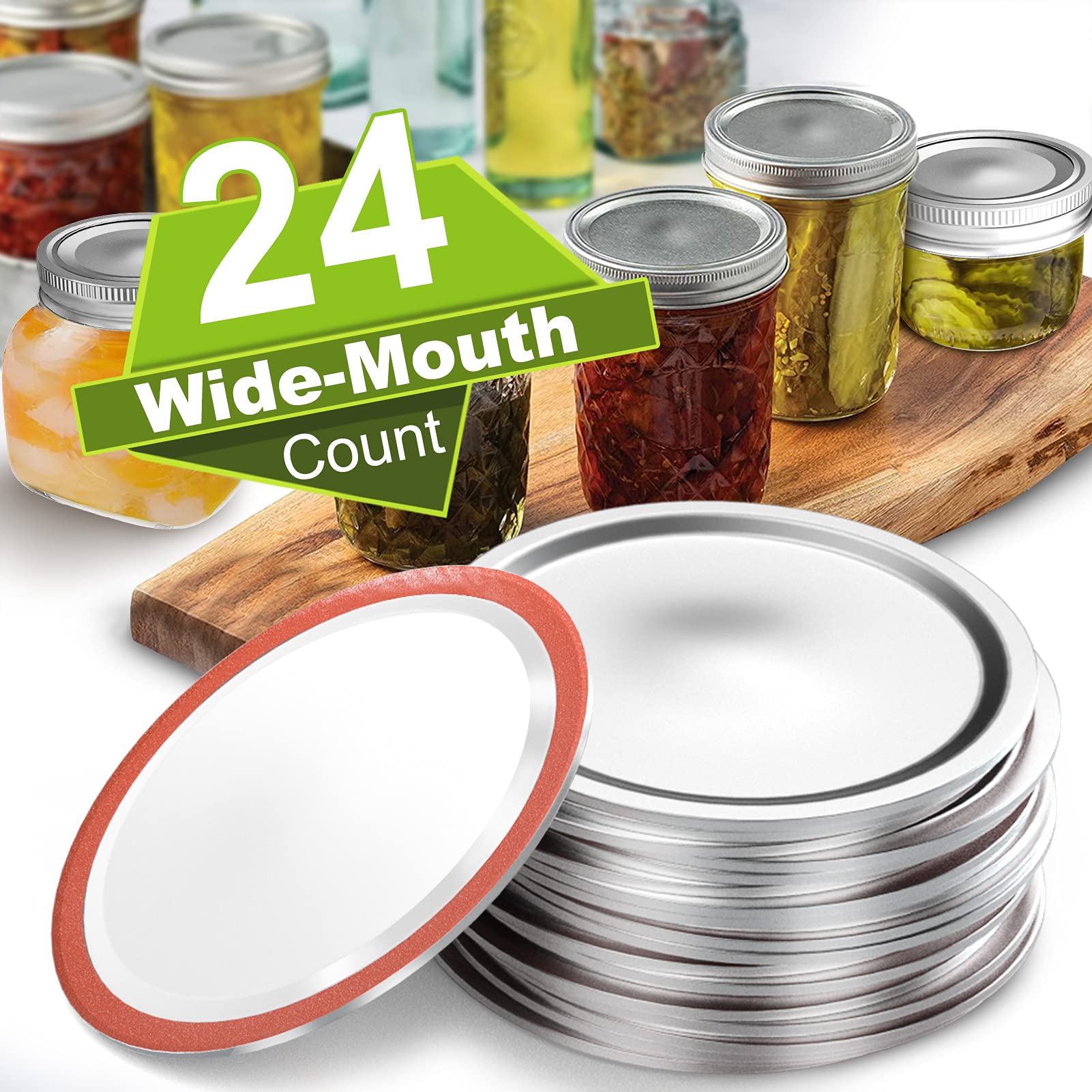 Wide Mouth Mason Jar Lids Canning Lids for Ball, Kerr Jars - 24-Count Split-Type with Leak proof & Airtight Seal Features, Metal Mason Jar Lids for Canning - Food Grade Material, Silver/86 MM