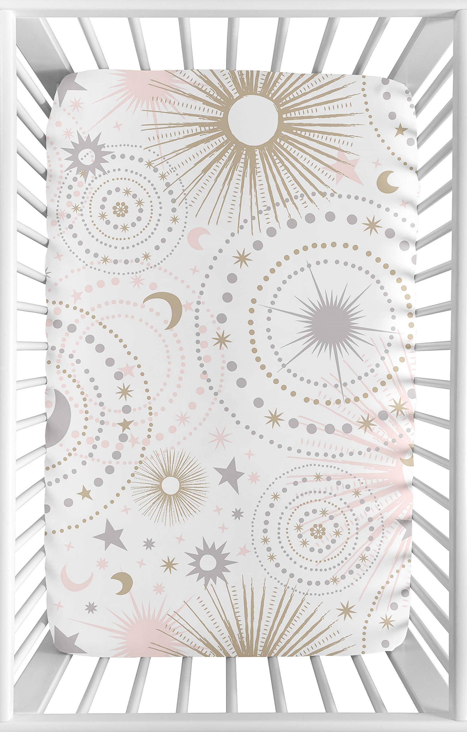 Sweet Jojo Designs Blush Pink, Gold, Grey and White Star and Moon Baby Girl Fitted Mini Portable Crib Sheet for Celestial Collection - for Mini Crib or Pack and Play ONLY