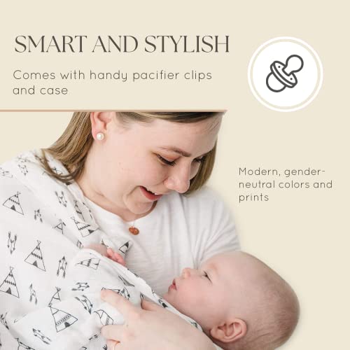 Dodo Babies Swaddle Blanket & Pacifier Clip Set β Four Large Cotton Muslin Receiving Blankets Plus Two Universal Binky Holders and Zip-Close Paci Case β Great for New Girl or Boy