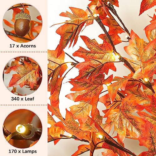 7FT 170 LED Lighted Maple Tree - Thanksgiving Decor Artificial Fall Tree with 17 Branches, 17 Acorns 340 Leaves, Remote 8 Flashing Modes, Timing, DC 5V Safe for Outdoor Wedding Party Autumn DecorâŠ