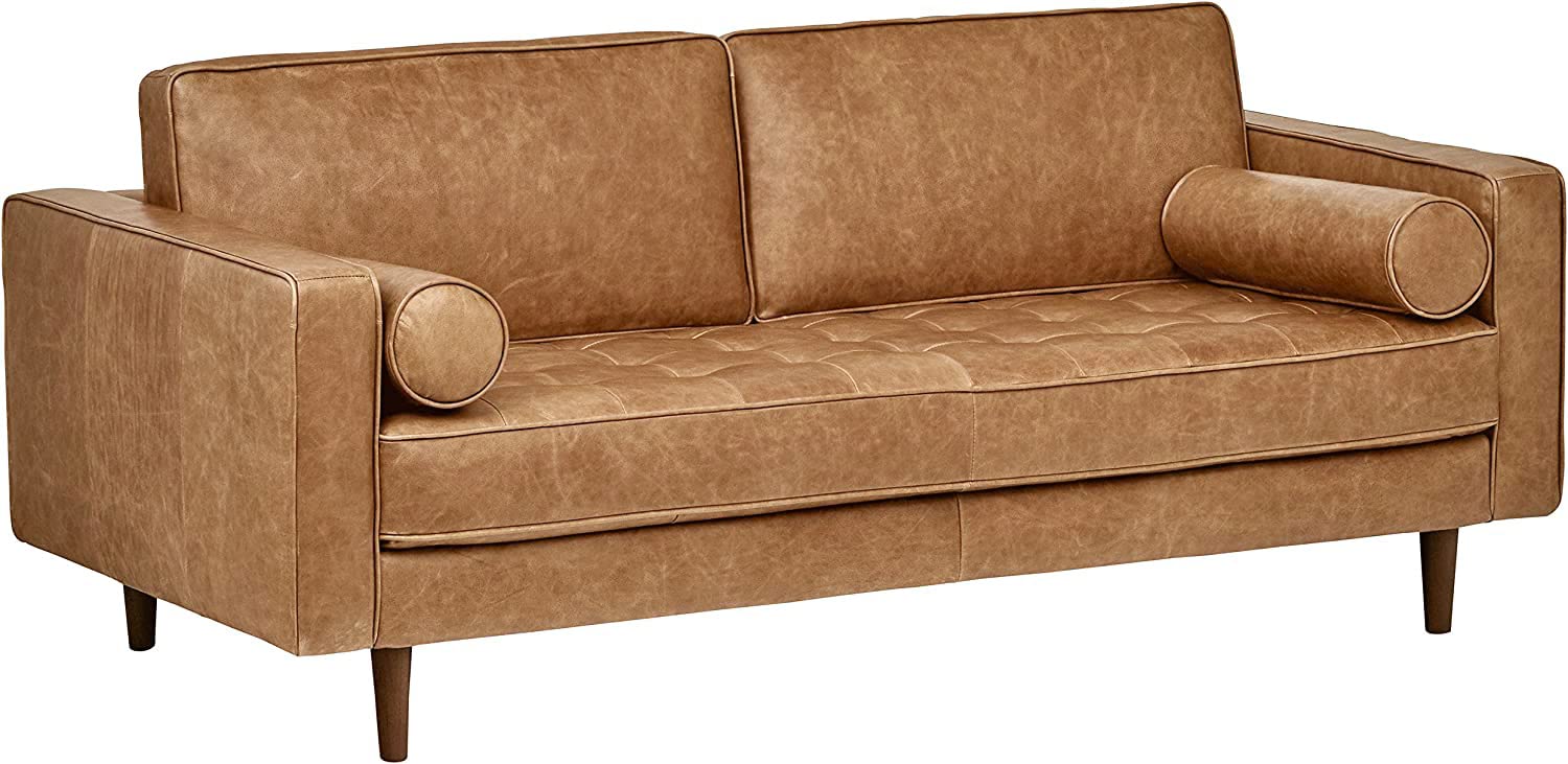 Amazon Brand – Rivet Aiden Mid-Century Modern Tufted Leather Loveseat Sofa, 74"W, Cognac Leather