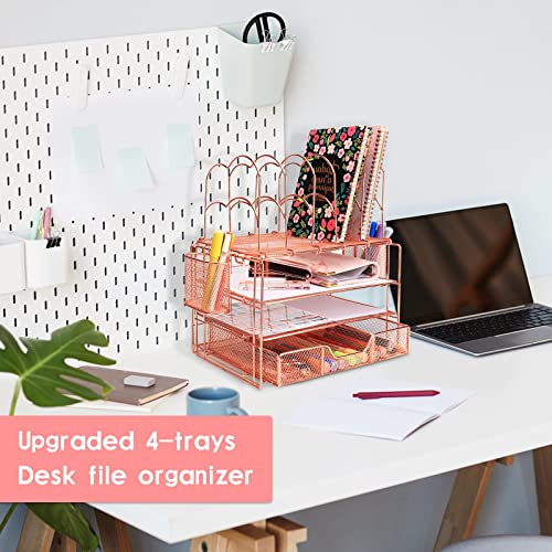 Desk Organizers and Accessories, 4 Tier Desk Organizers with 5 Upright Sections, 2 Pen Holders and Drawer, Desk accessories & workspace organizers, for School Home Office Supplies Organizer, Rose Gold