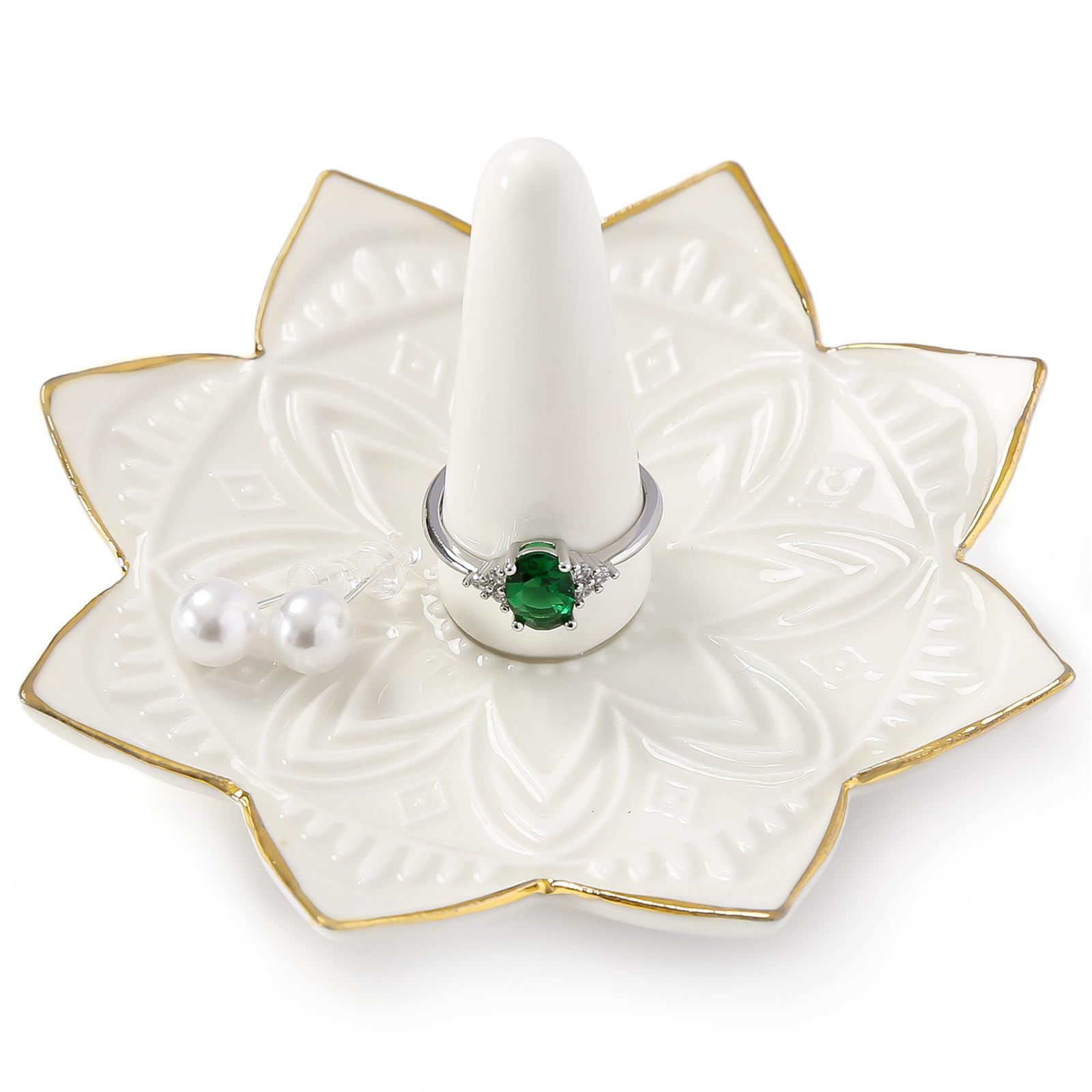 Ceramic Ring Holder for Jewelry,White Mandala Ring Dish Jewelry Dish Jewelry Holder,Room Decor,Engagement Wedding Birthday Gifts for Couples Women Girls