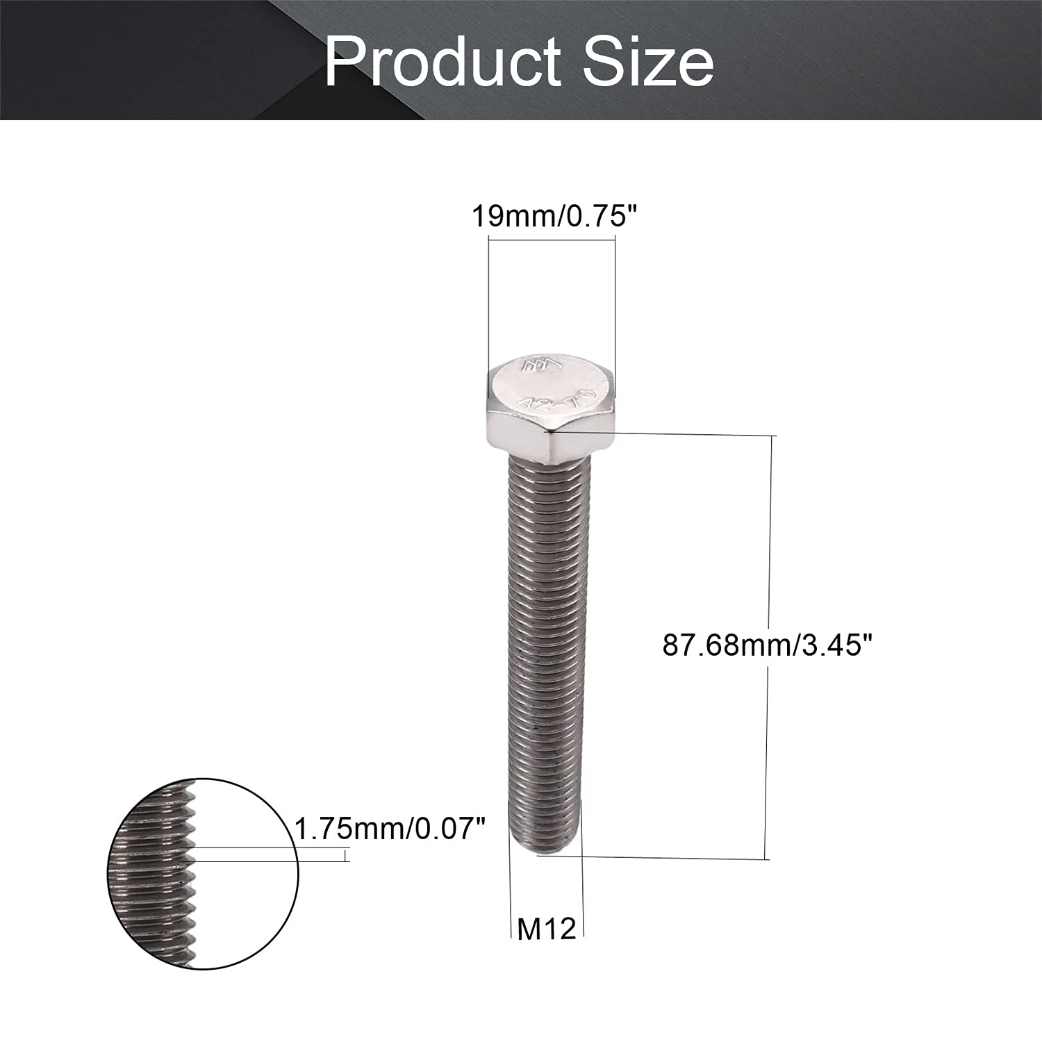 MroMax 5Pcs M12 x 80mm Hex Head Screws Bolts, 304 Stainless Steel 18-8, Fully Threaded, External Hex Drive, for Mounting Chair, Handles, Rail, Pump, Wheels, Antenna Parts, Boat and Plastic Bumpers