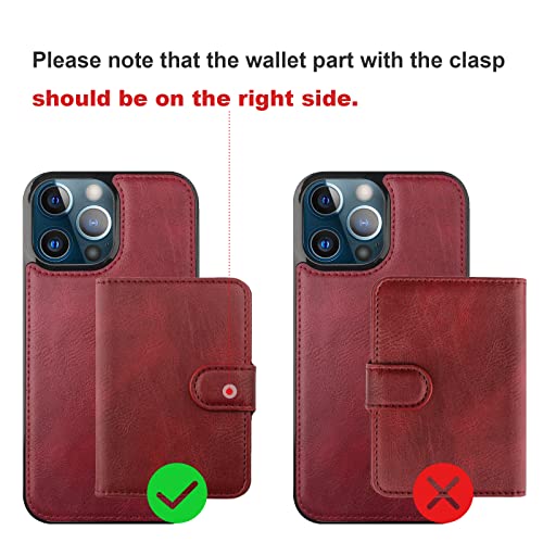 Bocasal Wallet Case for iPhone 13 Pro Max Compatible with MagSafe Magnetic RFID Blocking Detachable Premium PU Leather Flip Case with Card Slots Holder Kickstand Wireless Charging 6.7 Inch (Wine Red)