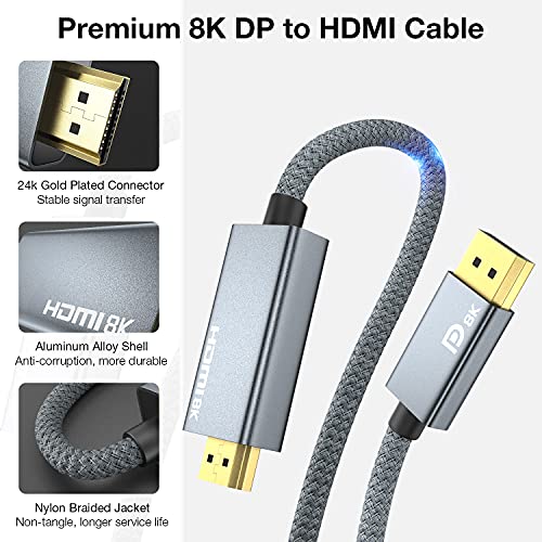 ULT-WIIQ 8K DisplayPort to HDMI Cable 6.6ft, DP 1.4 to HDMI 2.1 Video Cable, Support 8K, 4K@120Hz/144Hz, 2K@240Hz, Dynamic HDR, HDCP 2.3, DSC 1.2a for PC, HP, DELL, AMD, NVIDIA Graphics