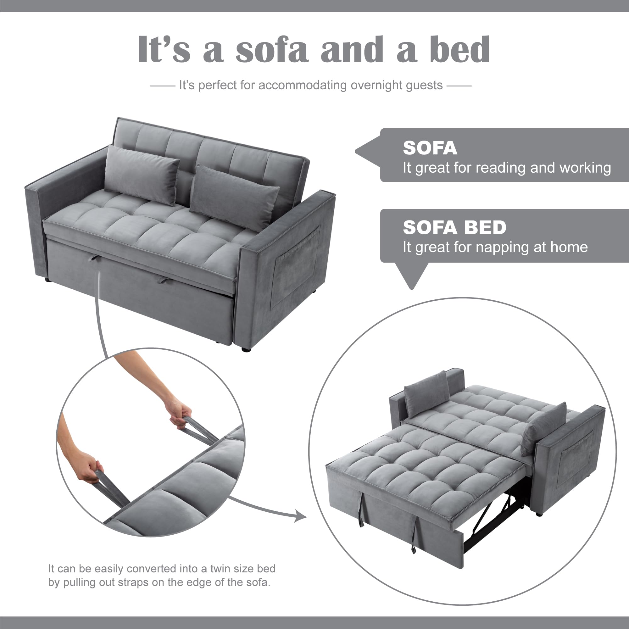 55 Inch Sleeper Sofa Bed 3-in-1 Futon Sofa Couch 2-Seater Loveseat with Tuft Design and Side Storage Pocket, Soft Pillows, Multipurpose Velvet Sleeper Sofa Bed