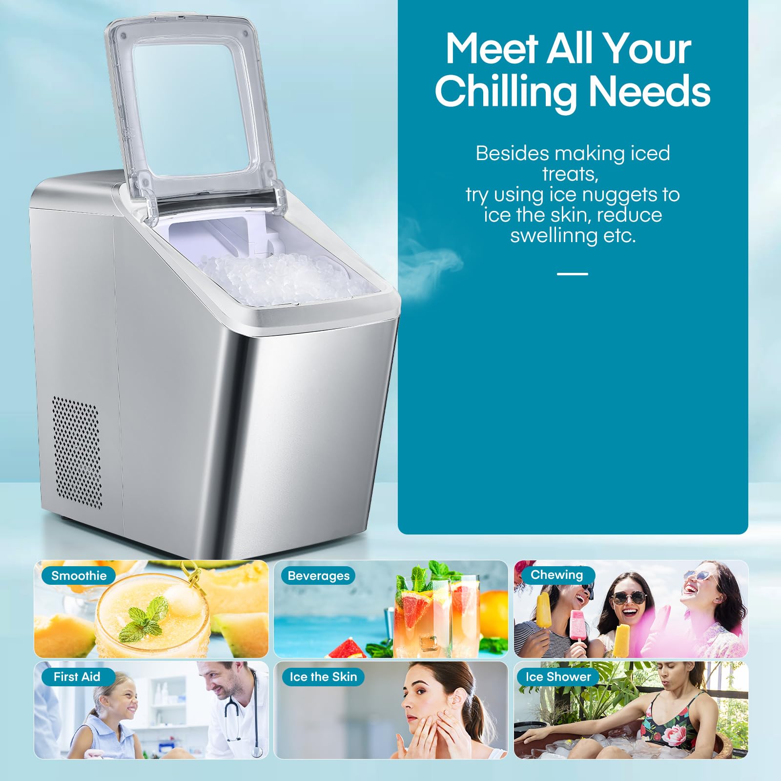 55lbs Countertop Nugget Ice Maker – Pebble Ice Machine, Soft Chewable Pellets in 5 Min, 55Lbs/24H, 3lb. Capacity, Waterline-Compatible, Self-Cleaning, Stainless-Steel + Scoop (Black)