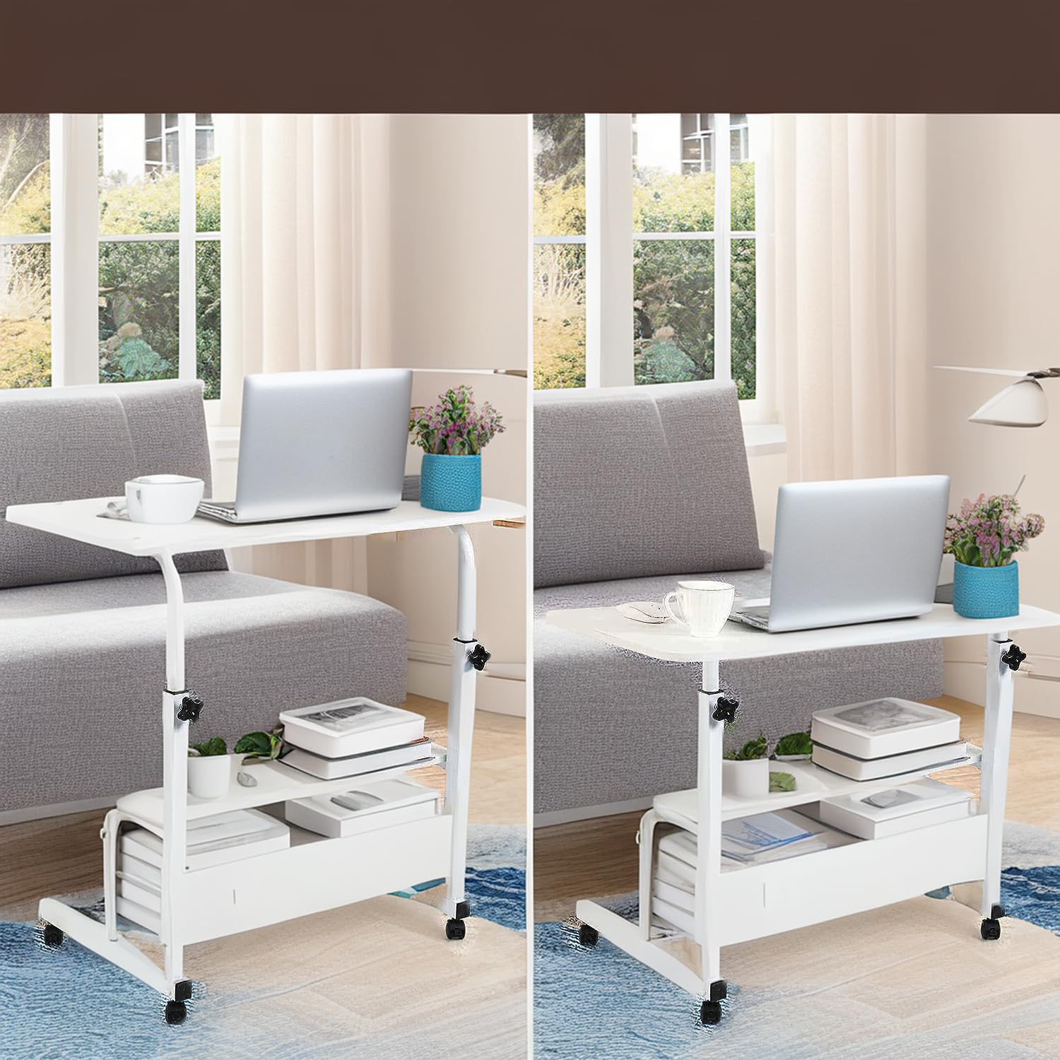 BRAVECOW Adjustable Table Portable Desk for Small Spaces Laptop Table Rolling on Wheels Mobile Couch Desk for Bedroom Home Office Computer Desk