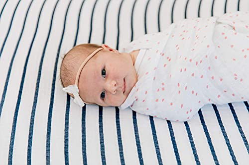 Red Rover Kids All-Cotton Muslin Fitted Crib Sheet- 52?x 28?x 9?- 100% Cotton - Machine Washable - Lightweight & Breathable - Playful Designs - Nursery, Crib, Bed - Unisex (Navy Stripe)