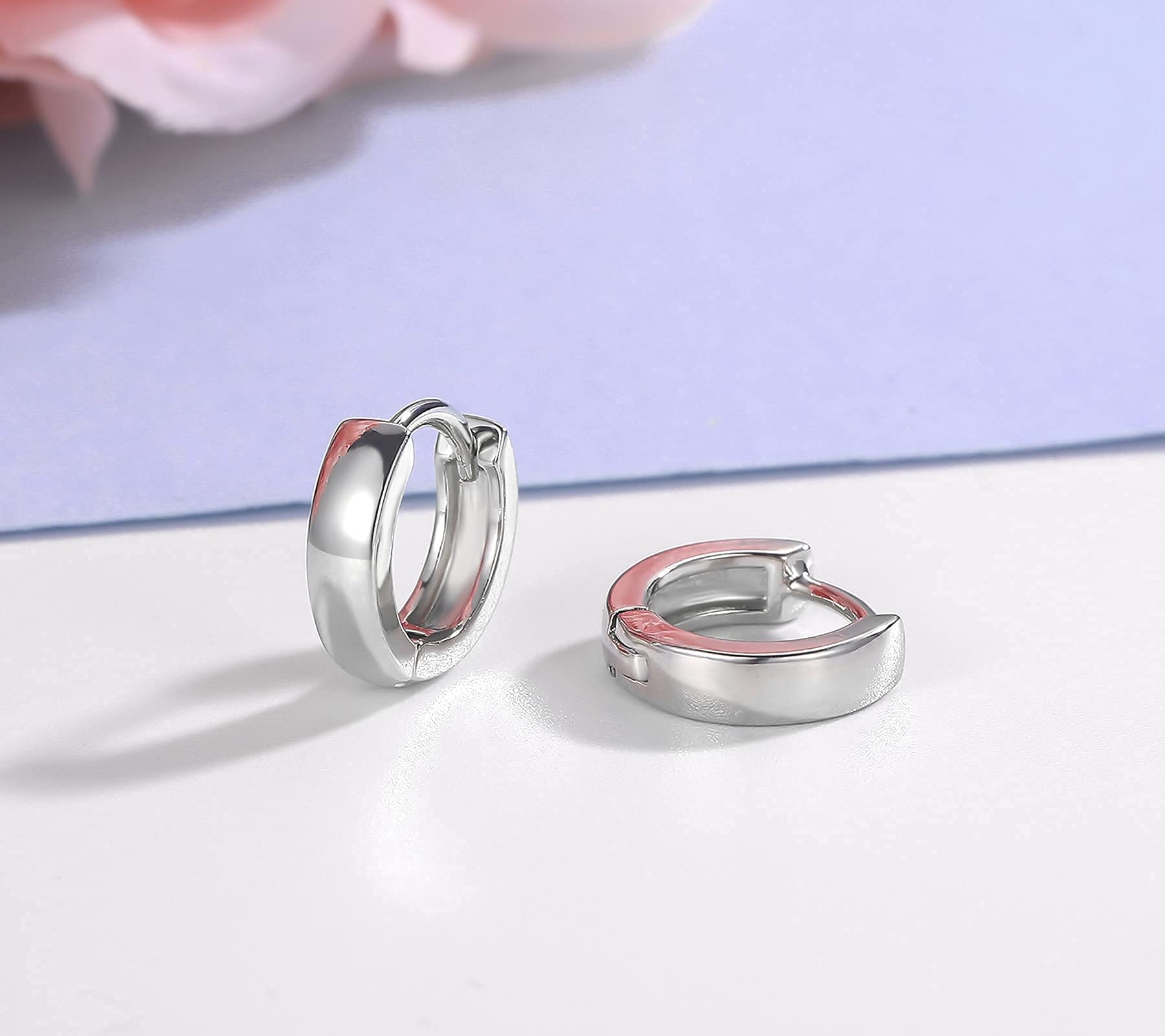 3 Pairs Small Hoop Earrings for Women Men, Sterling Silver Post Sleeper Cartilage Huggie Earring Set, 3mm in Width, Diameter in 8mm 10mm 12mm(Silver)