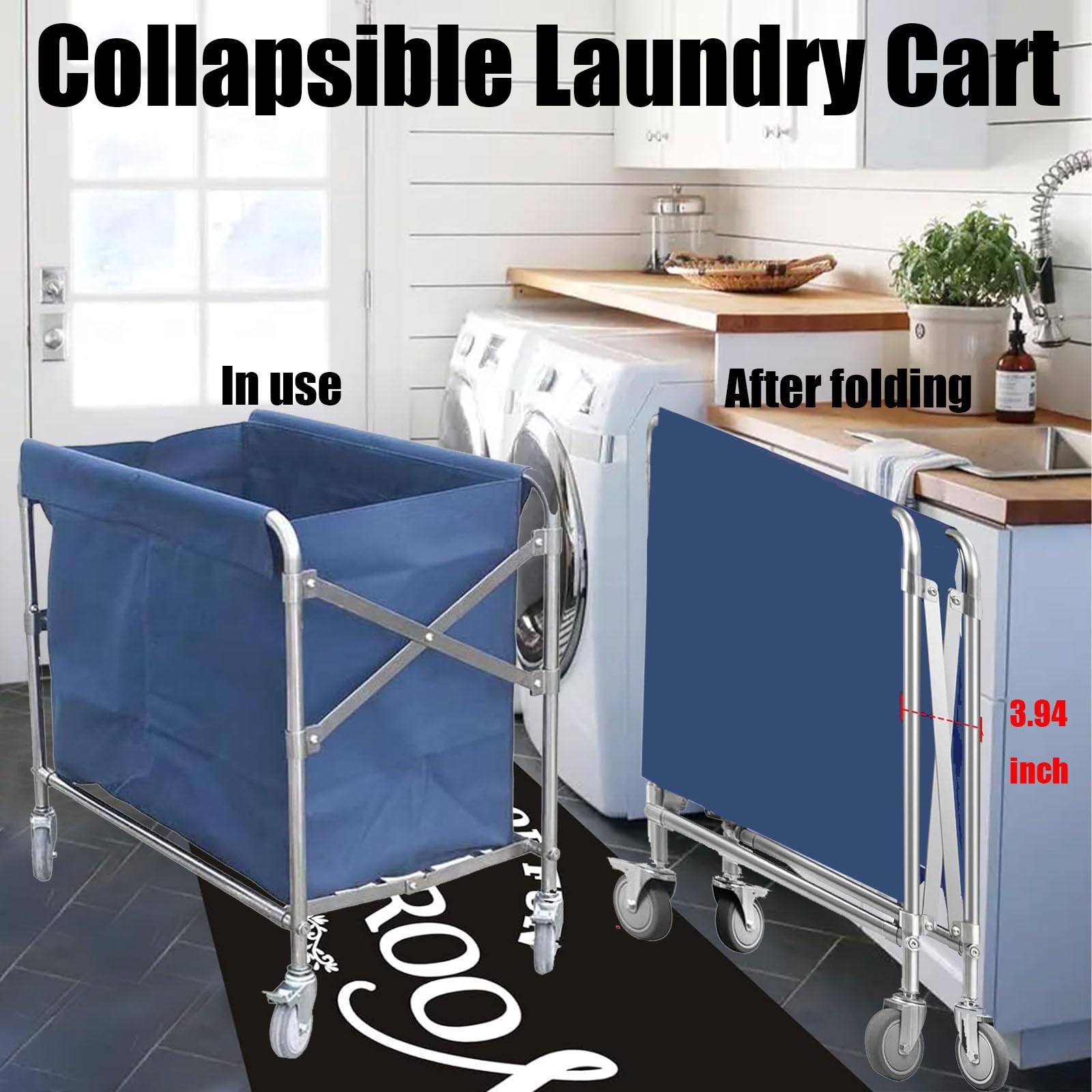 Collapsible Laundry Cart with Wheels Commercial 12 Bushel Folding Laundry Basket, Heavy Duty Rolling Laundry Hamper with Removable Waterproof Oxford Bag and Reinforced Steel Frame, 330 lbs Load 