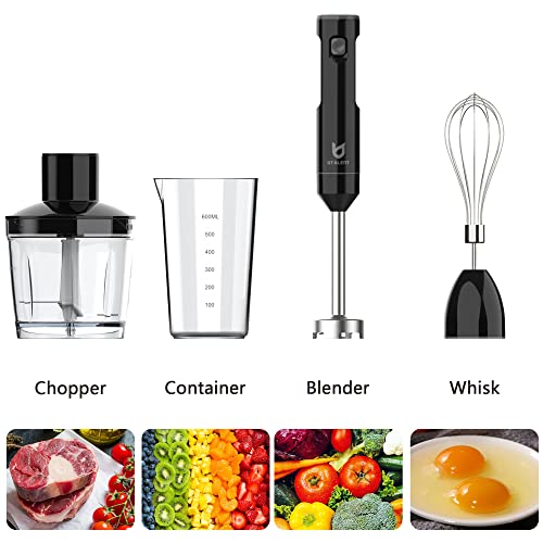 Cordless Hand Blender, UTALENT Variable Speed Immersion Blender Rechargeable, with Fast Charger, 500ml Chopper, 600ml container, Egg Whisk, for Smoothies, Baby Food and Soups β Black