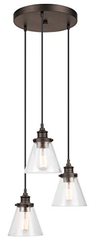 Globe Electric 61038 Jackson 3-Light Pendant, Dark Bronze, Clear Glass Shade, Bulbs Included