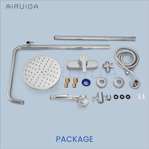 Airuida Shower Fixture, Brass Exposed Pipe Shower System, Chrome Polish 8 Inch Rainfall Shower Head Single handle with Dual Functions Shower Faucet Combo Unit Set