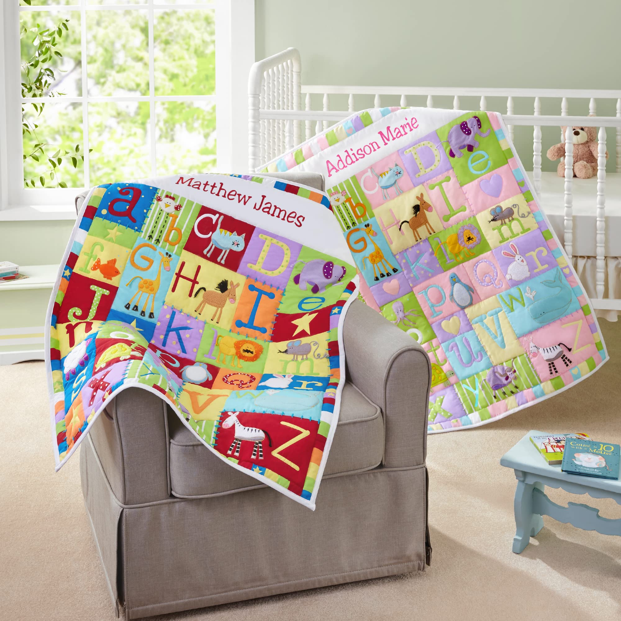 Let's Make Memories Personalized Baby Quilt - 3D Applique & Embroidered Name - Heirloom Keepsake for New Baby - Textured Details - Alphabet & Animals - Nursery Decor - Baby Shower - 42x32 - Primary