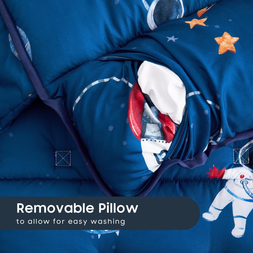 Wake In Cloud - Nap Mat with Removable Pillow for Kids Toddler Boys Girls Daycare Preschool Kindergarten Sleeping Bag, Rockets Space Planet Astronauts on Navy Blue, 100% Soft Microfiber