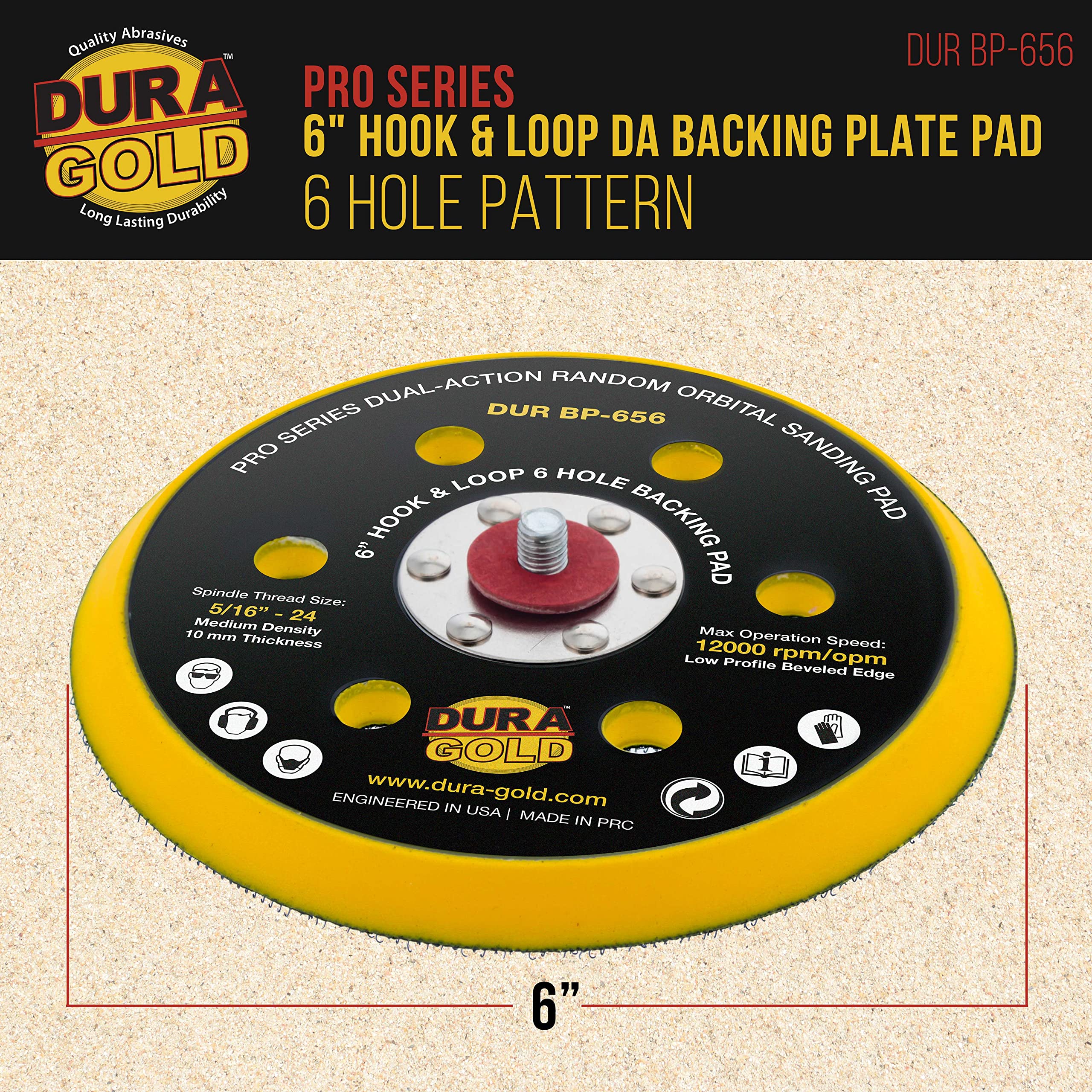 Dura-Gold Pro Series 6" Hook & Loop DA Backing Plate Pad, 6 Hole Pattern Dustless - Low Profile Edge, Medium Density, Dual-Action Random Orbital Sanding Pad, Sander Polisher Auto Woodworking Sandpaper
