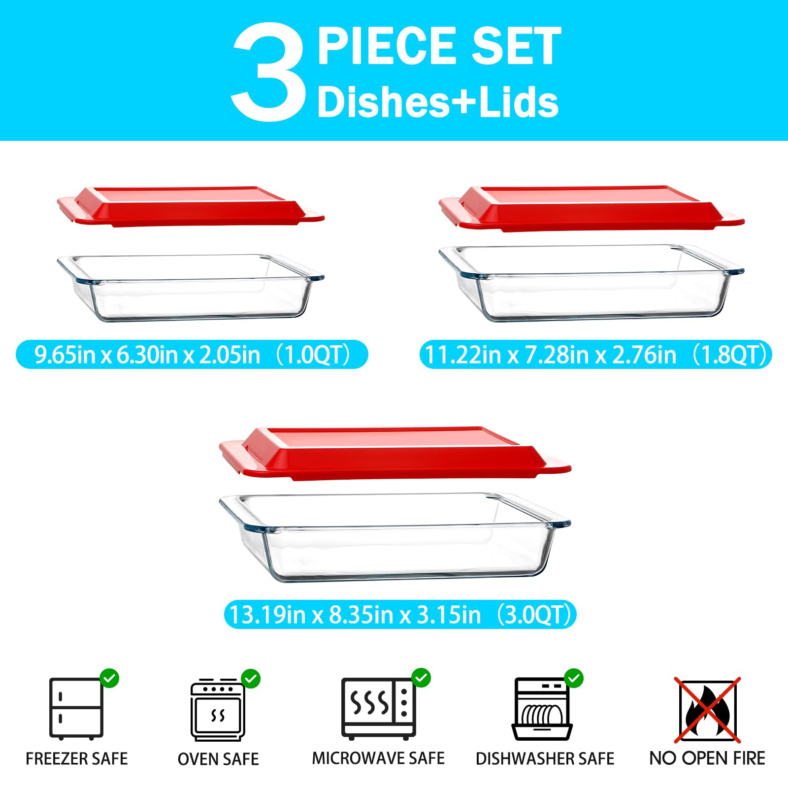 NUTRIUPS 3 Pieces Glass Baking Dish with Lid, Clear Rectangular Glass Casserole Dish with Lid Glass Baking Pan Set for Lasagna, Glass Bakeware Set(1QT+1.8QT+3QT)