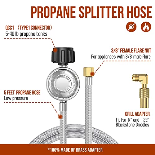 Alloxity 5ft Gas Grill Propane Adapter Hose with Regulator to 5-40lb Propane Tanks, QCC1 to 3/8 Female Flare Nut & Adapter for Blackstone Griddle 17/22'',Heater,Weber Grill Conversion Kit Replacement