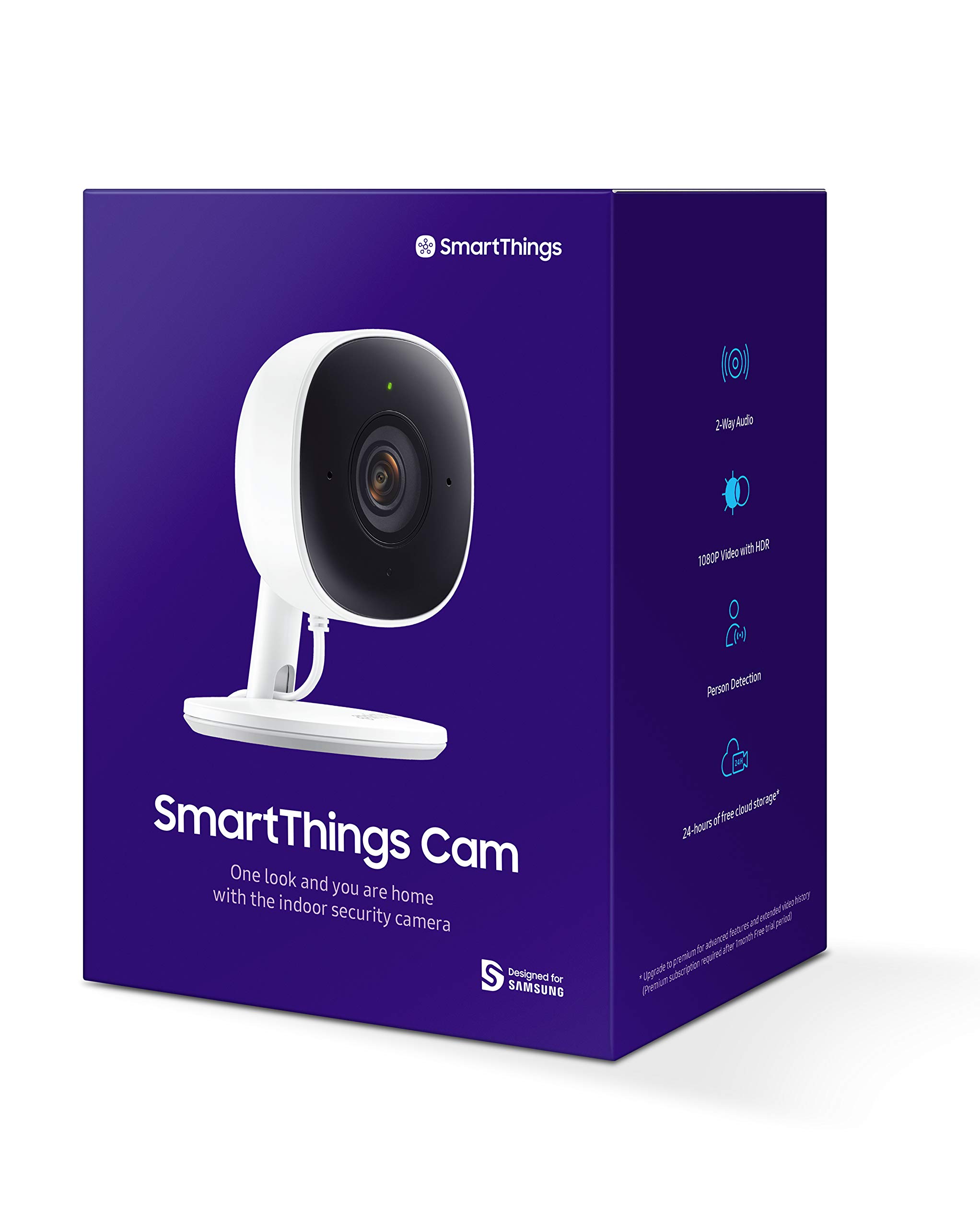 Samsung SmartThings Indoor Security Camera (GP-U999COVLBDA), 1080P HD Video with HDR, Night Vision, Advanced Motion Detection, and Two-Way Audio – Black/White
