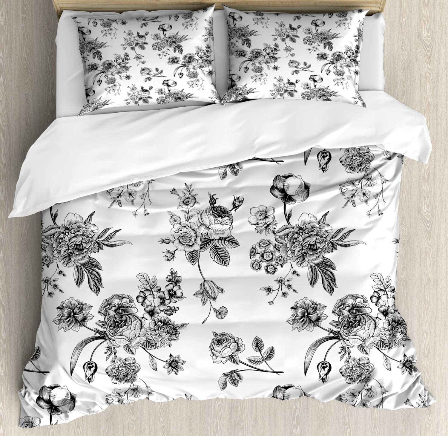 Ambesonne Black and White Duvet Cover Set, Vintage Floral Pattern Victorian Classic Royal Inspired New Modern Art, Decorative 3 Piece Bedding Set with 2 Pillow Shams, King Size, Black and White