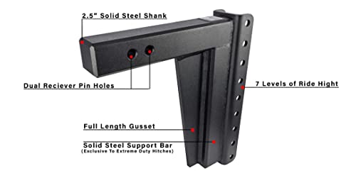 BulletProof Hitches 2.5" Adjustable Extreme Duty (36,000lb Rating) 12" Drop/Rise Trailer Hitch with 2" and 2 5/16" Dual Ball (Black Textured Powder Coat, Solid Steel)
